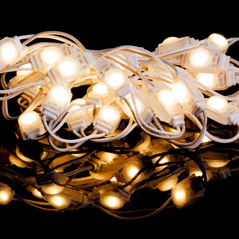 White Warm Christmas LED Lights Glowing with Reflection on Black ...