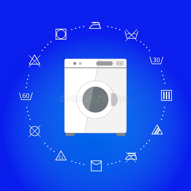 White Wash Machine with Laundry Icons on Blue Stock Vector ...