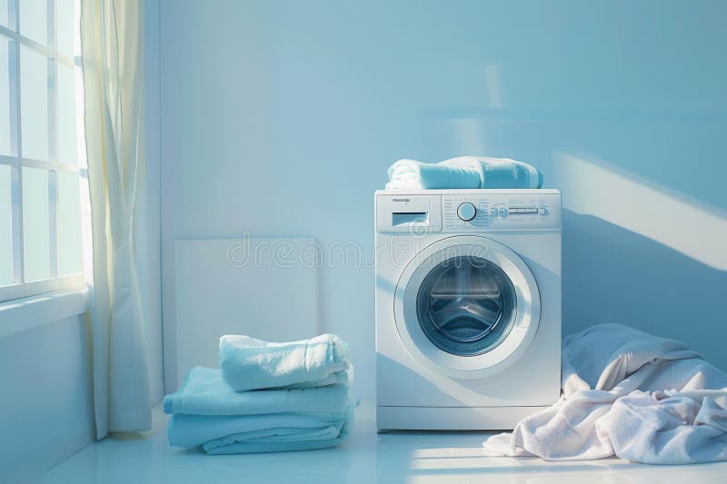 A White Washing Machine with a Blue, Clear Door Sits in a Brightly Lit ...