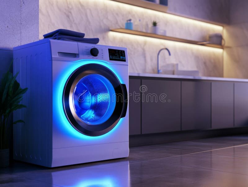 White Washing Machine with Blue Light Ring in Modern Bathroom Stock ...