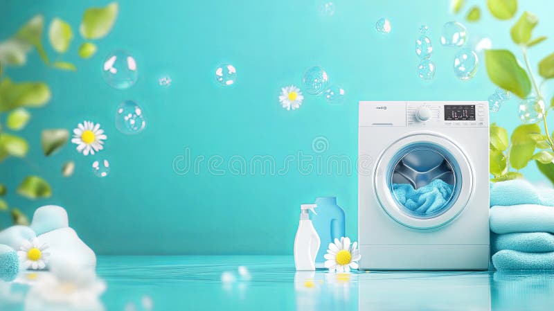 White Washing Machine, with Blue Towels, Detergent Bottles, and ...