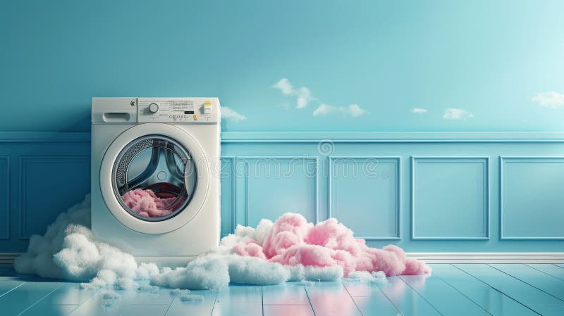 A White Washing Machine with Clothes Inside and a Blue Wall Behind it ...