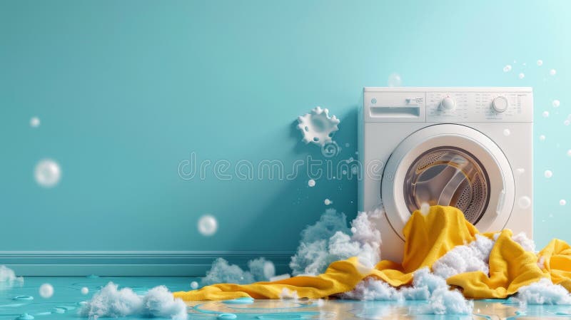 A White Washing Machine with Clothes Inside and a Blue Wall Behind it ...