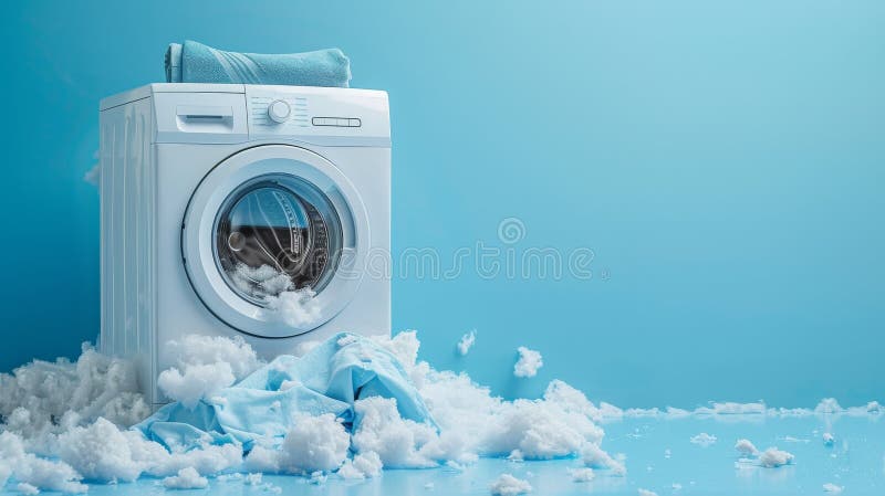 A White Washing Machine with Clothes Inside and a Blue Wall Behind it ...