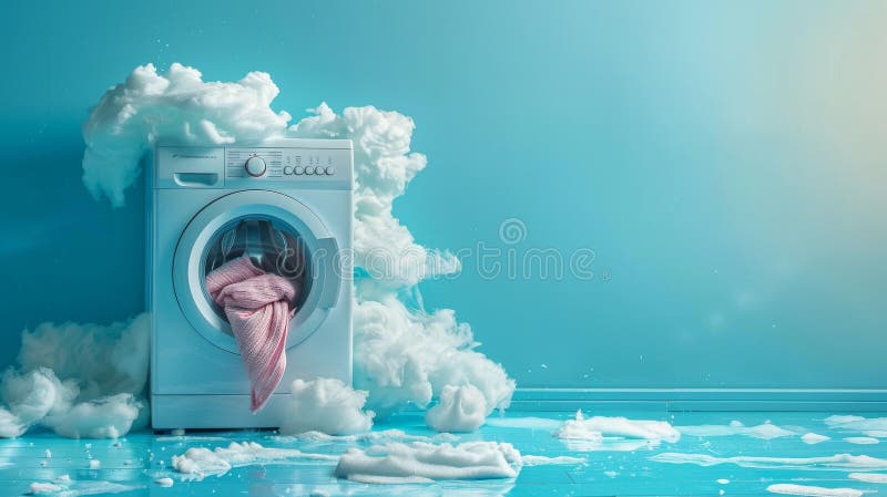 A White Washing Machine with Clothes Inside and a Blue Wall Behind it ...