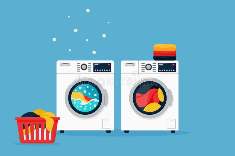 White Washing Machine and Dryer with Laundry and Red Basket Flat Vector ...