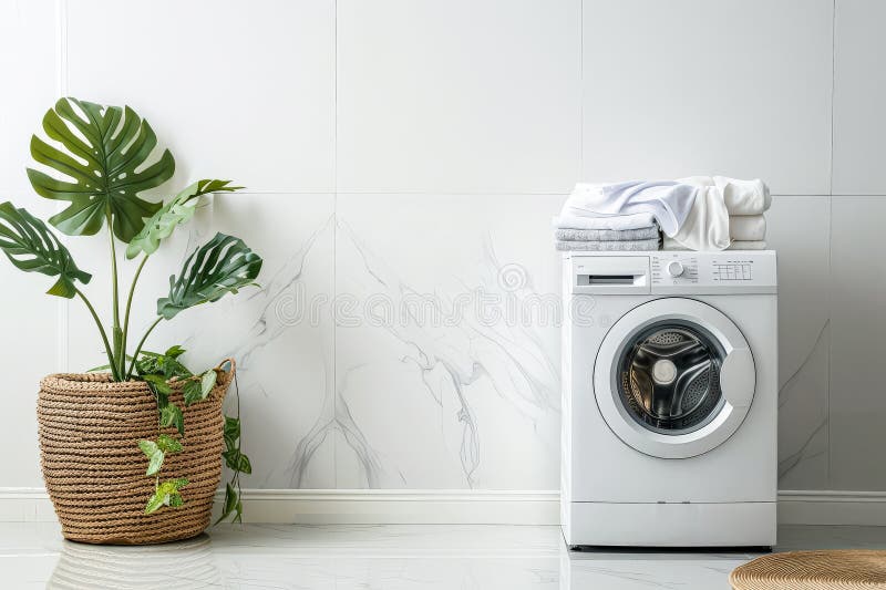 White Washing Machine is in Front of a Wall with a Plant in a Basket ...