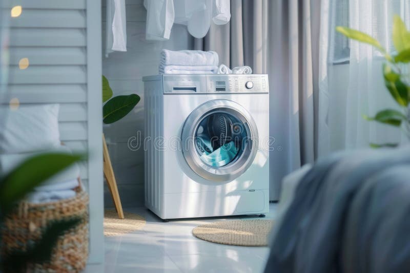 A White Washing Machine with a Glass Door Sits in a Modern Bathroom ...