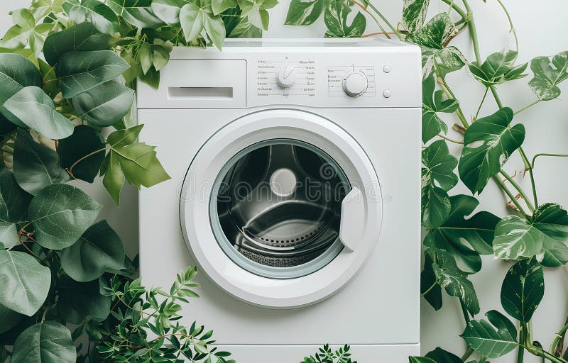 White Washing Machine with Green Leaves in it Eco Concept Stock ...