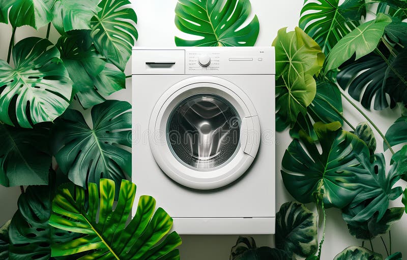 White Washing Machine with Green Leaves in it Eco Concept Stock ...