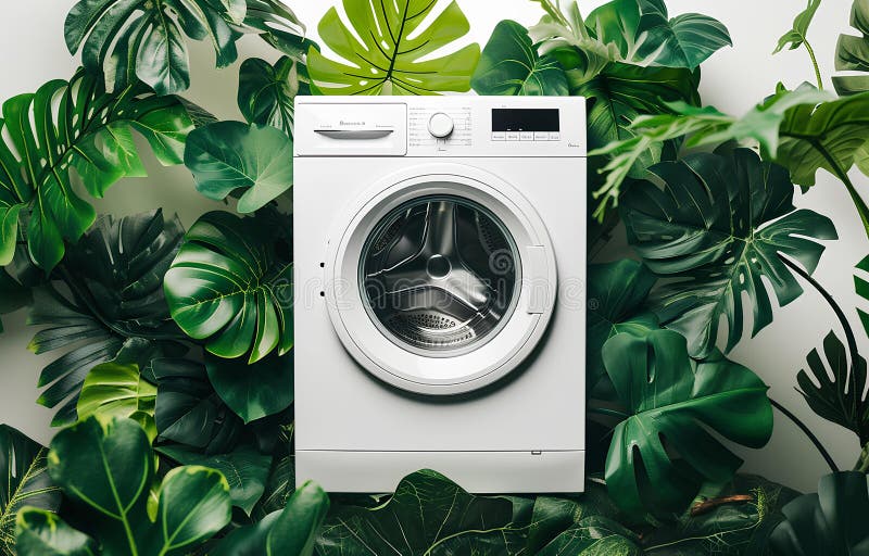 White Washing Machine with Green Leaves in it Eco Concept Stock ...