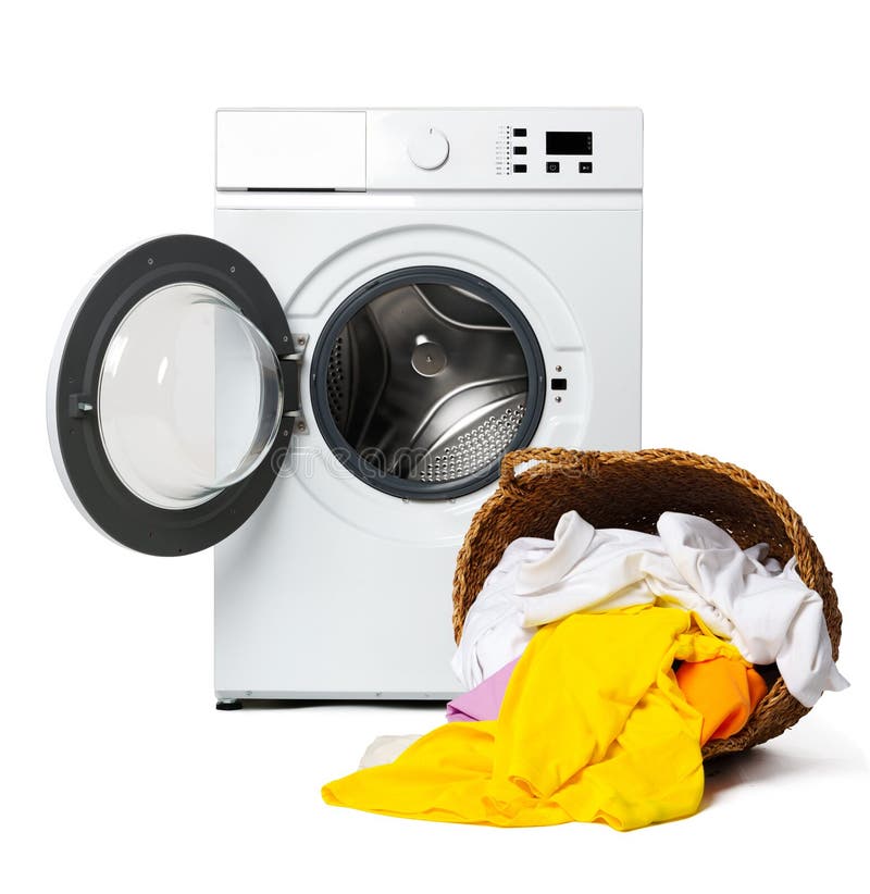 White Washing Machine Open Door Clothes Overflowing Wicker Basket Stock ...