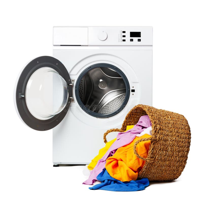 White Washing Machine with Open Door and Clothes Overflowing from a ...