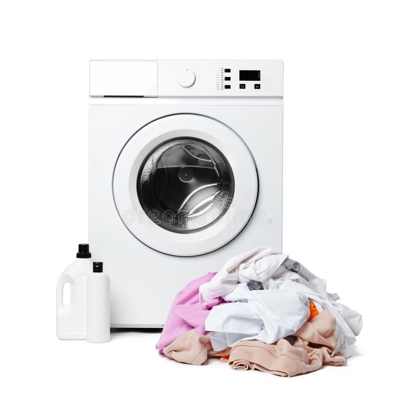 White Washing Machine with Open Door and Clothes Overflowing from a ...