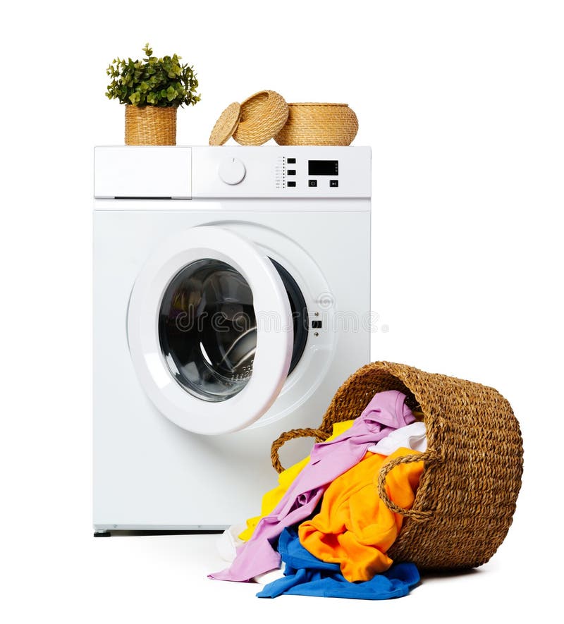 White Washing Machine with Open Door and Clothes Overflowing from a ...