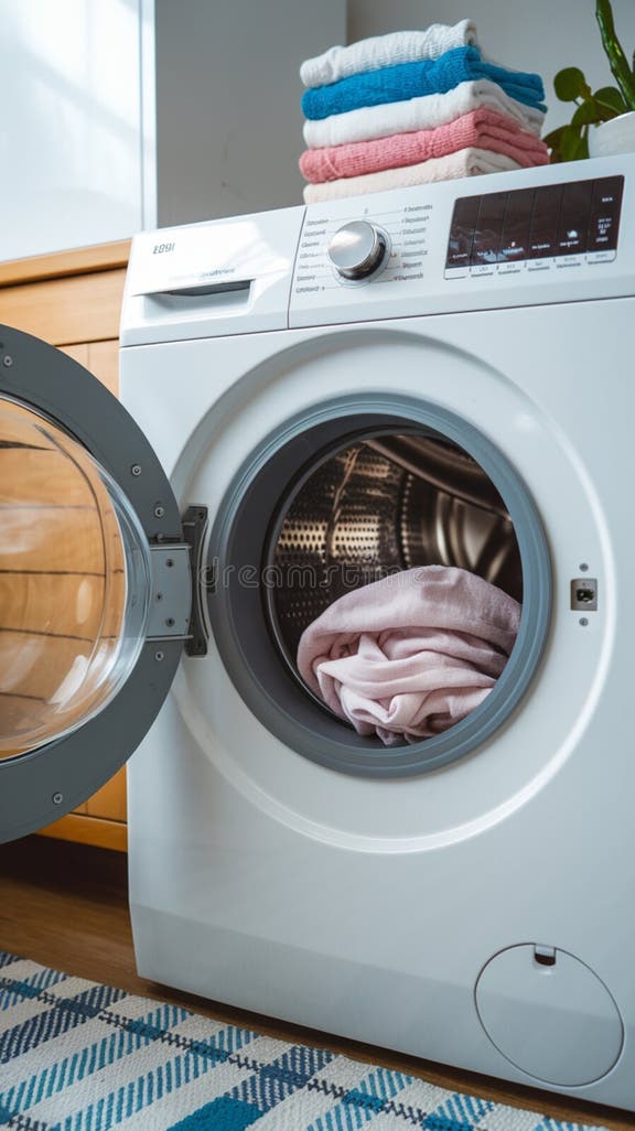 White Washing Machine with Open Door, Visible Drum, Control Knobs ...