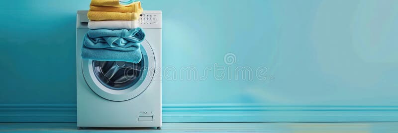 A White Washing Machine with a Pile of Neatly Folded Laundry on Top ...