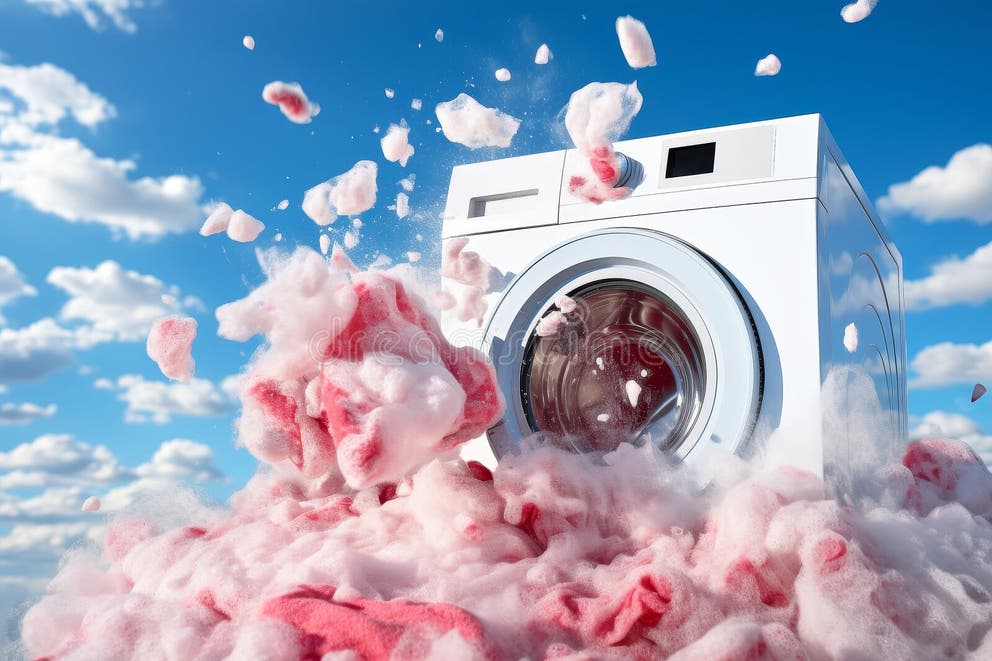 White Washing Machine with Pink Foam Explosion on Blue Sky Background ...