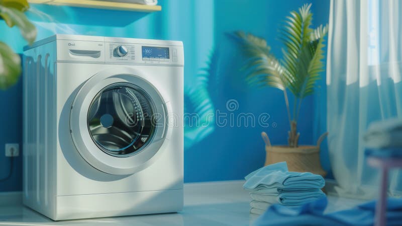 A White Washing Machine Sits in a Bright Blue Room Next To a Stack of ...