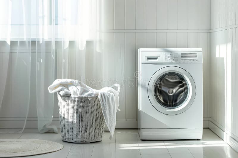 White Washing Machine Sits Front Window Basket White Towels Stock ...