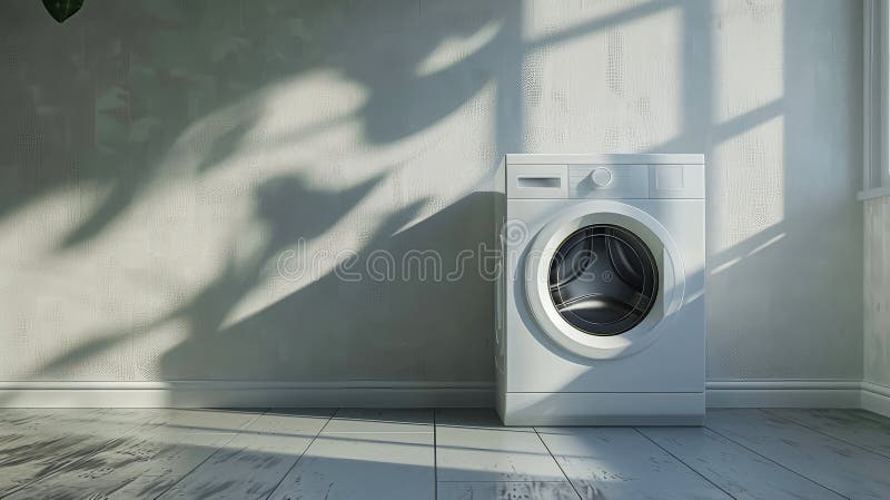 A White Washing Machine Sits on a Light Wood Floor in a Room Bathed in ...