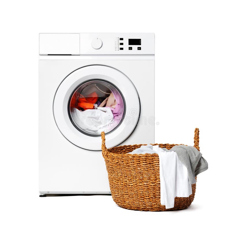 White Washing Machine with Laundry Basket on Top Stock Image - Image of ...