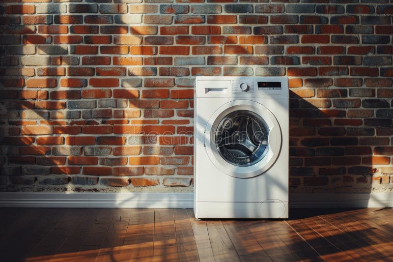A White Washing Machine Standing Against a Red Brick Wall, Simple and ...
