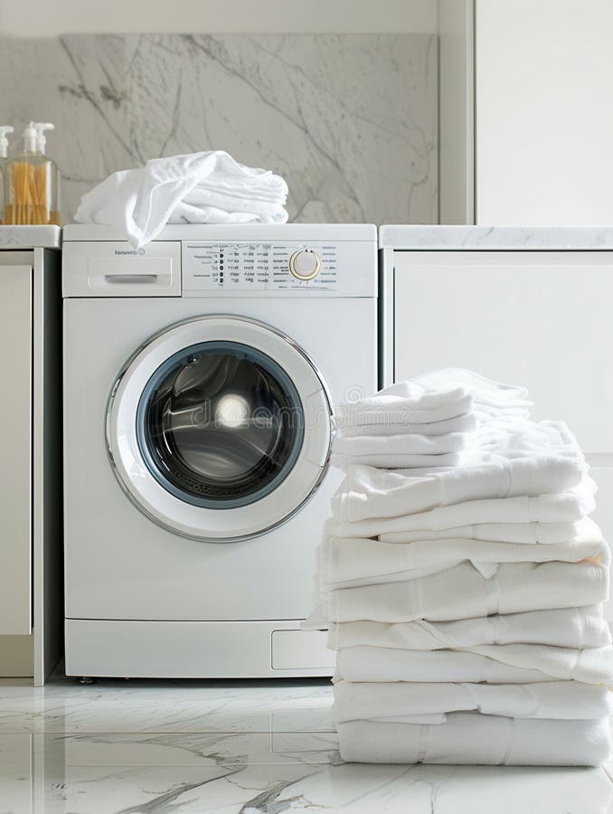 A White Washing Machine Stands in a Modern Bathroom with a Stack of ...