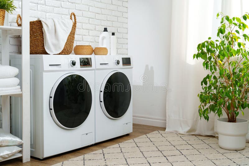 White Washing Machines in Modern Laundry Room Stock Photo - Image of ...