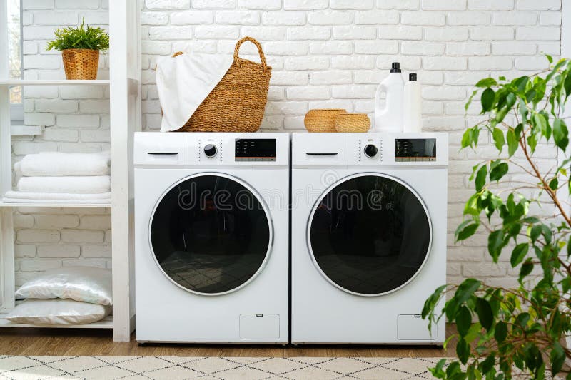 White Washing Machines in Modern Laundry Room Stock Image - Image of ...