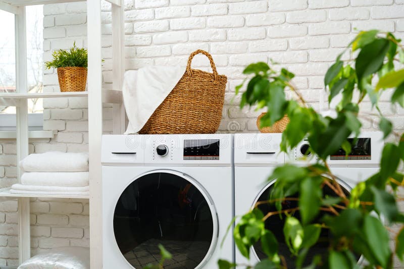 White Washing Machines in Modern Laundry Room Stock Image - Image of ...