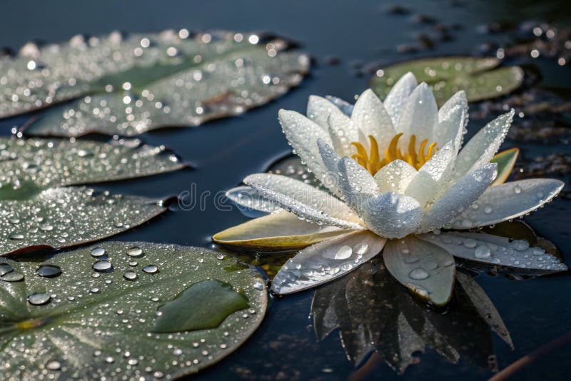 White Water Lily with Dew Drops on Dark Water - Generated by Ai Stock ...