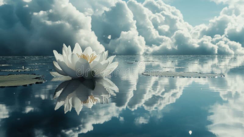 White Water Lily Reflecting in Calm Blue Water Under Dramatic Clouds ...