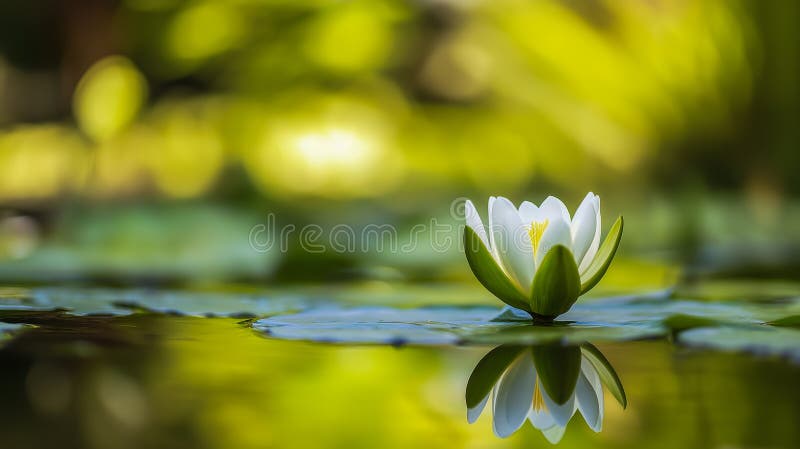 White Water Lily Side View with Reflection on Calm Water Surface Stock ...