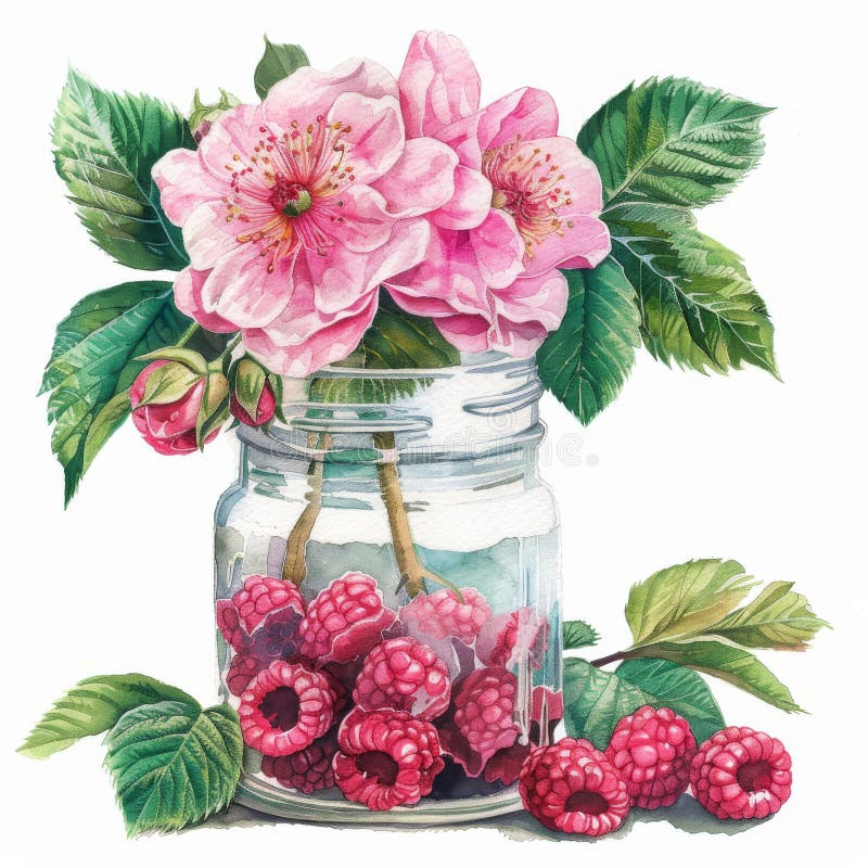 On White, this Watercolor Composition Depicts Raspberries and Delicate ...