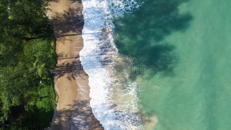 White Wave of Blue Sea with Tree Shadows, Top View from Drone ...