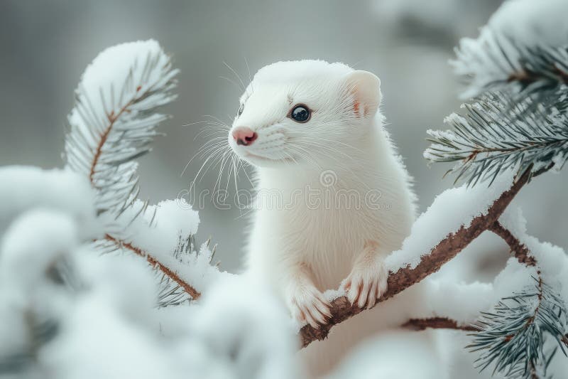 White Weasel in Snow among Pine Tree Branches Stock Photo - Image of ...