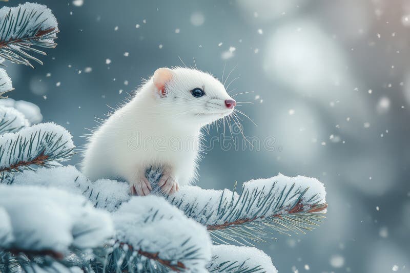 White Weasel in Snow among Pine Tree Branches Stock Photo - Image of ...