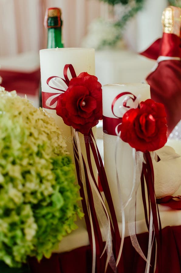 White Wedding Candles Decorated with Red Roses and Ribbons Stock Image ...