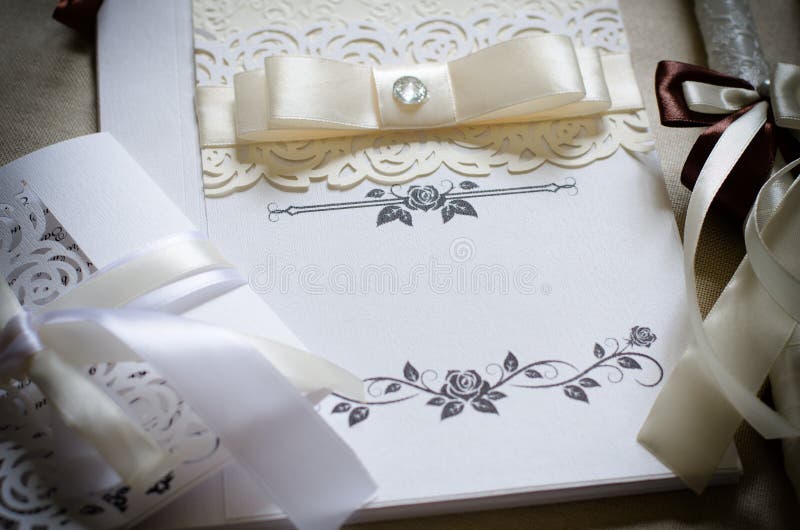 White Wedding Card with Ribbons and Ornaments, Space for Text Stock ...