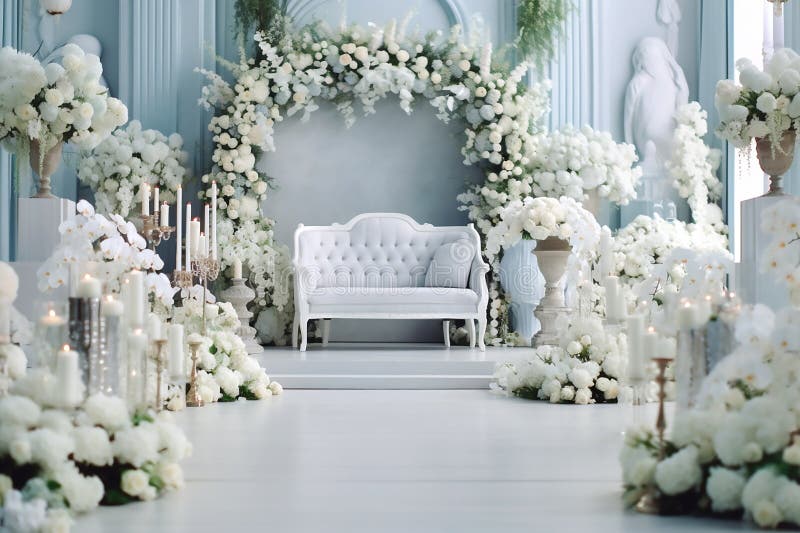 White Wedding Photo Zone Decoration with White Flowers. Generative AI ...