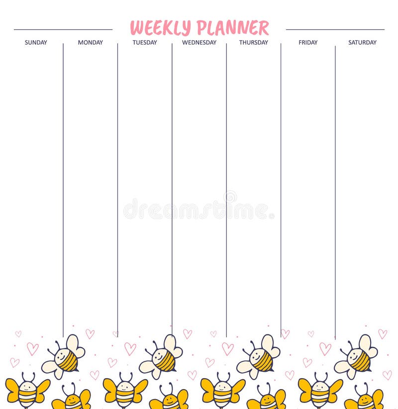 White Weekly Planner with Cute Yellow Bees Design Stock Illustration ...