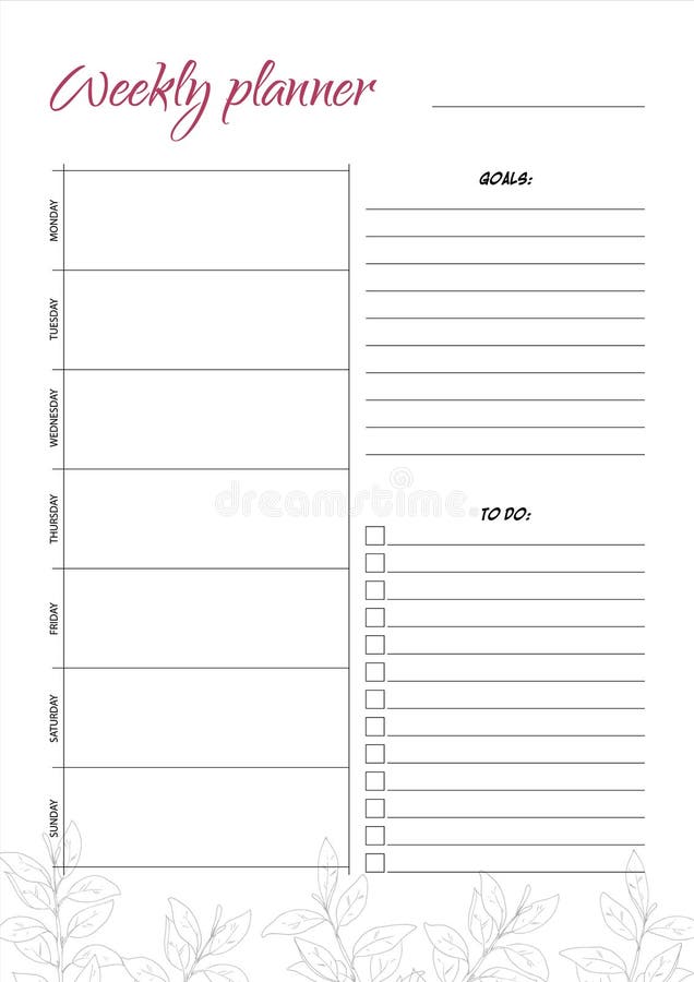 White Weekly Planner with Minimalistic Leaf Design Stock Illustration ...