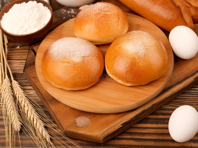 White Wheat Buns with Baking Ingredients on a Textured Table Stock ...