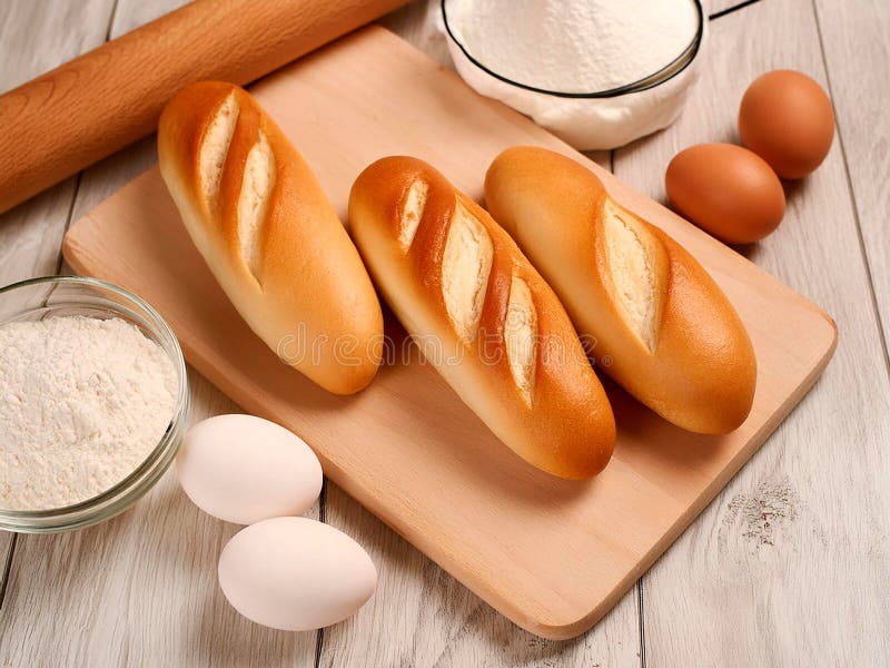 White Wheat Buns with Baking Ingredients on a Textured Table Stock ...