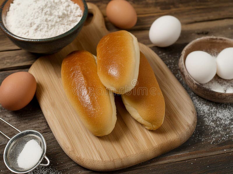 White Wheat Buns with Baking Ingredients on a Textured Table Stock ...
