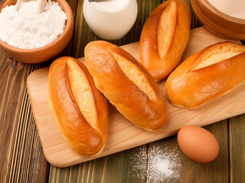 White Wheat Buns with Baking Ingredients on a Textured Table Stock ...