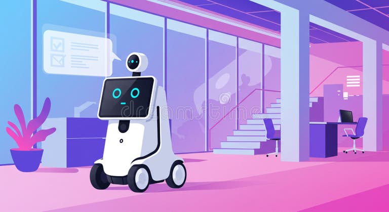 A White, Wheeled Robot with a Screen Displaying a Friendly Face is ...