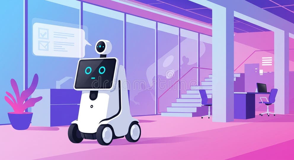 A White, Wheeled Robot with a Screen Displaying a Friendly Face is ...