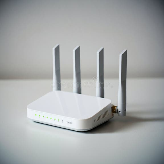 A White Wi-Fi Router with Four Vertical Antennas, Evenly Spaced at the ...